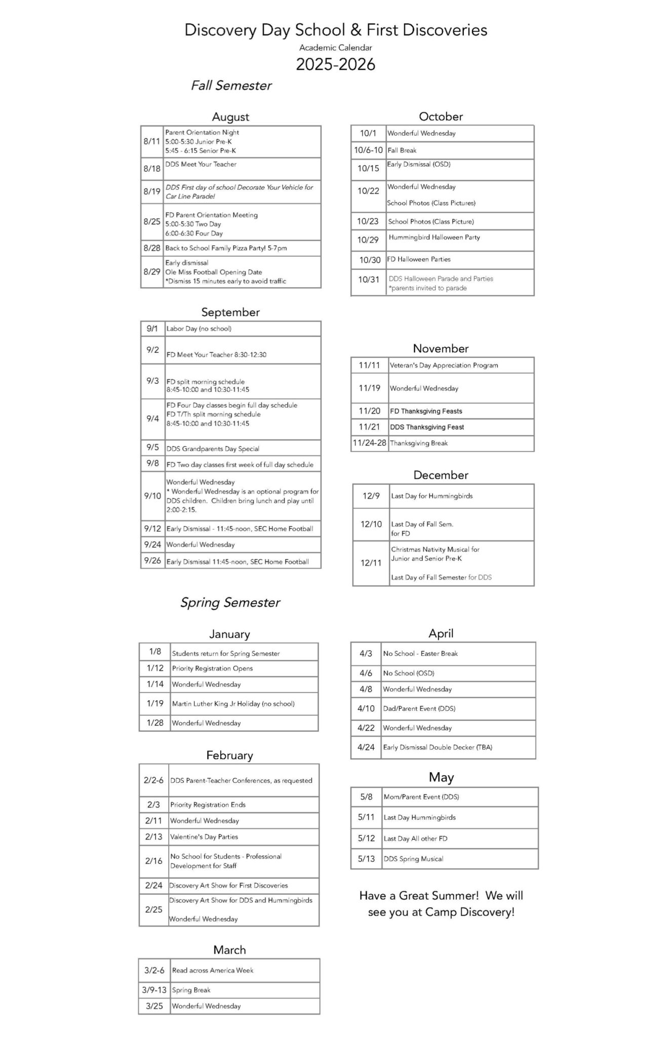 Preschool Calendar | Oxford University United Methodist Church